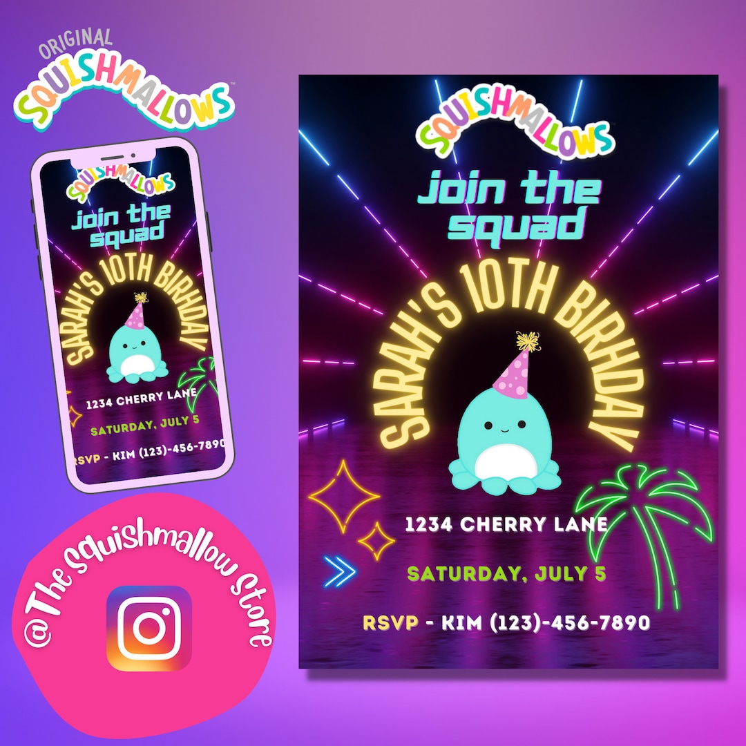 Invitación de fiesta de cumpleaños inspirada en SQUISHMALLOW ...