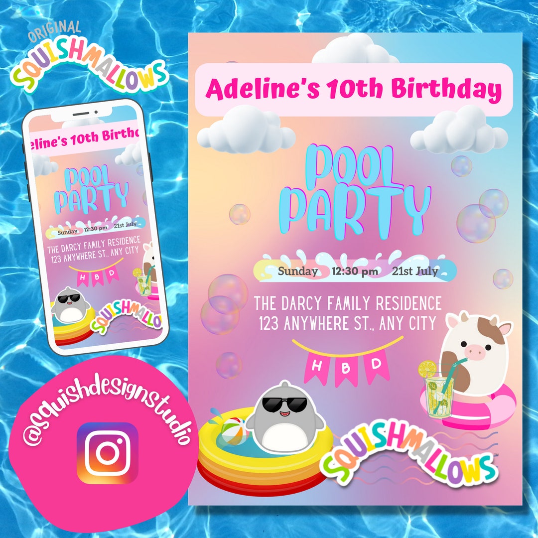 SQUISHMALLOW Inspired Birthday Pool Party Invitation, Squishmallows ...