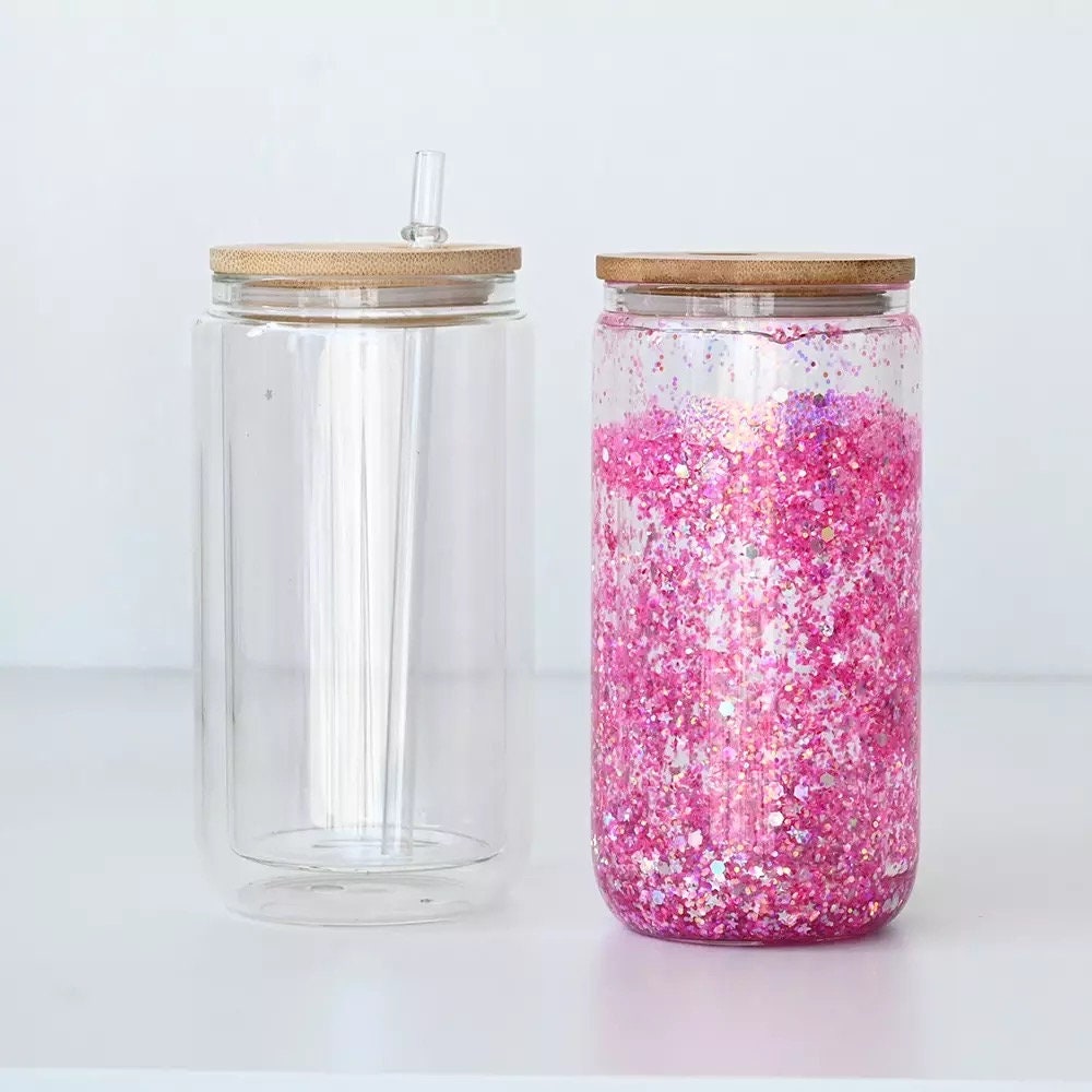 DOUBLE WALLED GLASS Can, Snow Globe Glass Can, Glass Can With Lid and Straw, Simple 15oz, 20oz ...