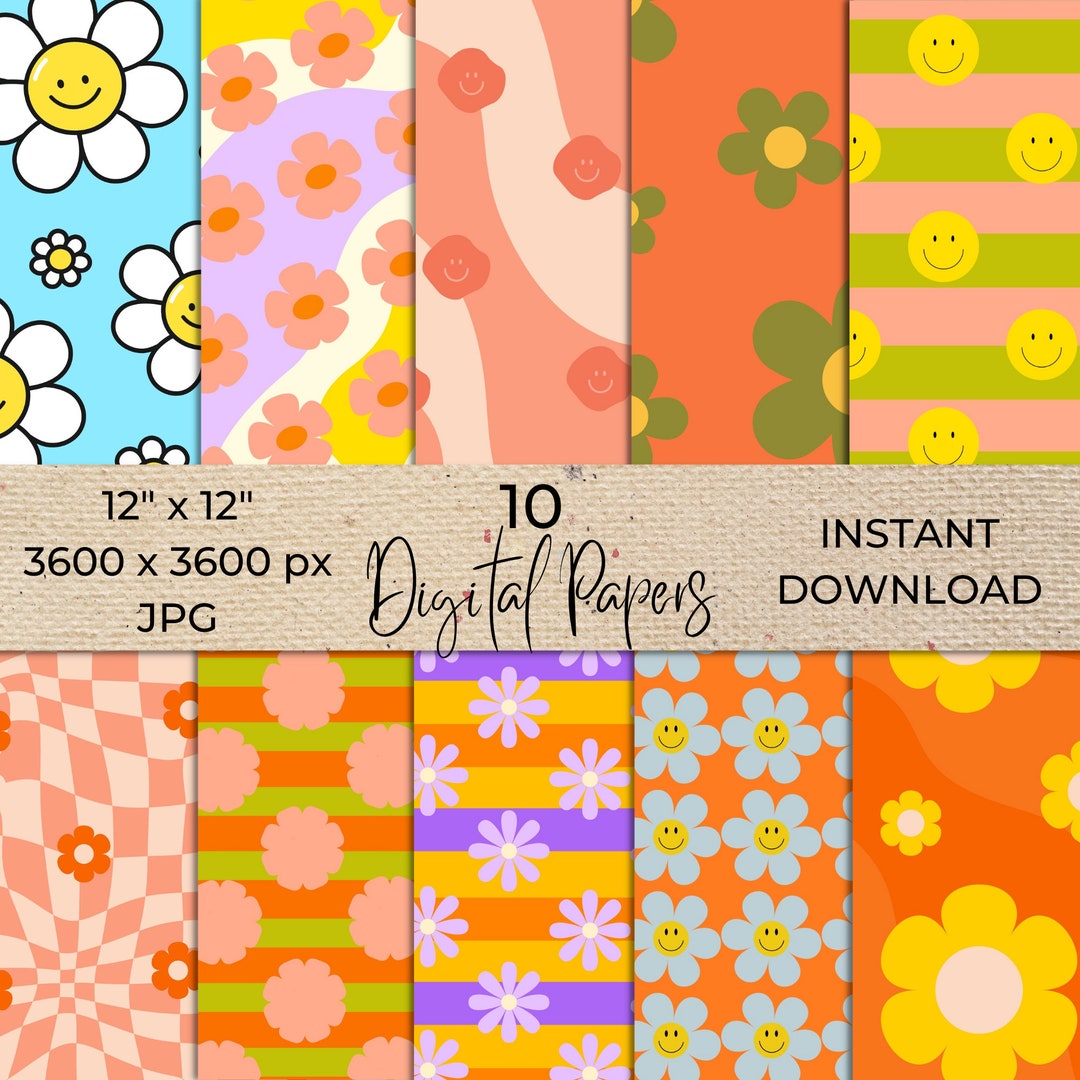 Retro Digital Paper Pack, Floral Pattern Summer Digital Paper, 70's ...