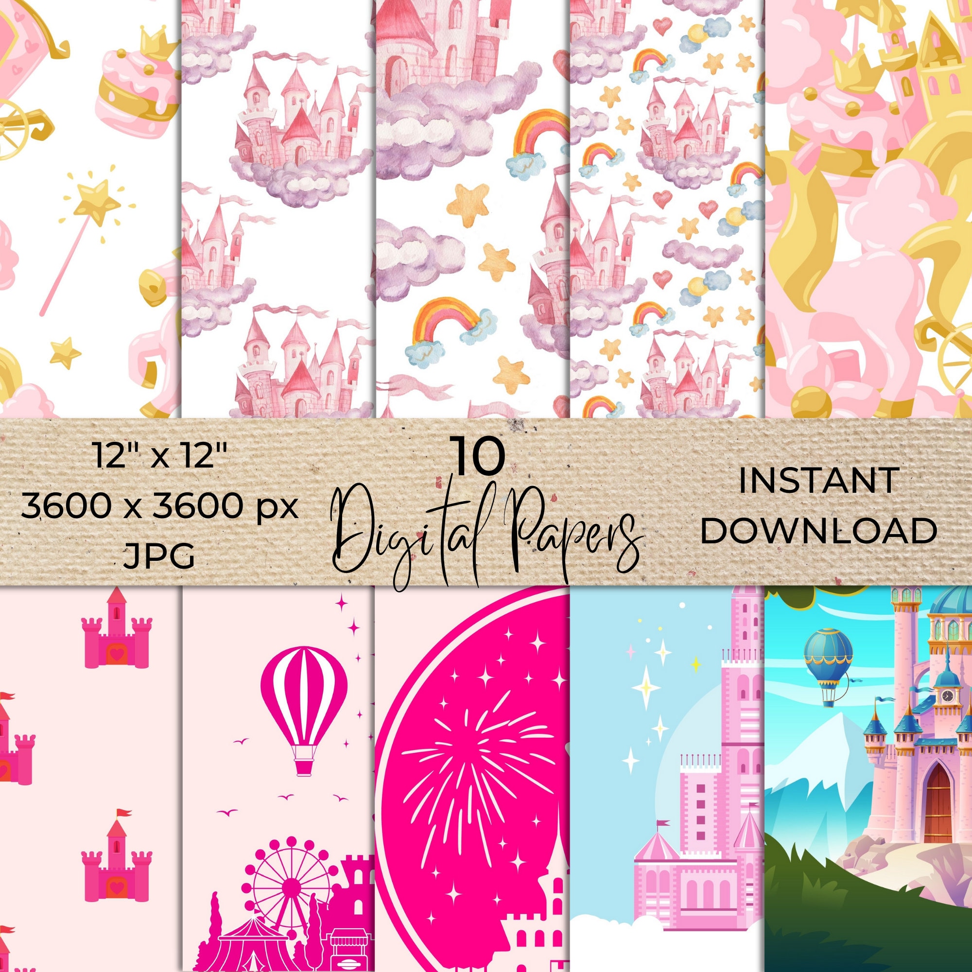 Princess Digital Paper, Cute Princess Castle Digital Paper Pack ...