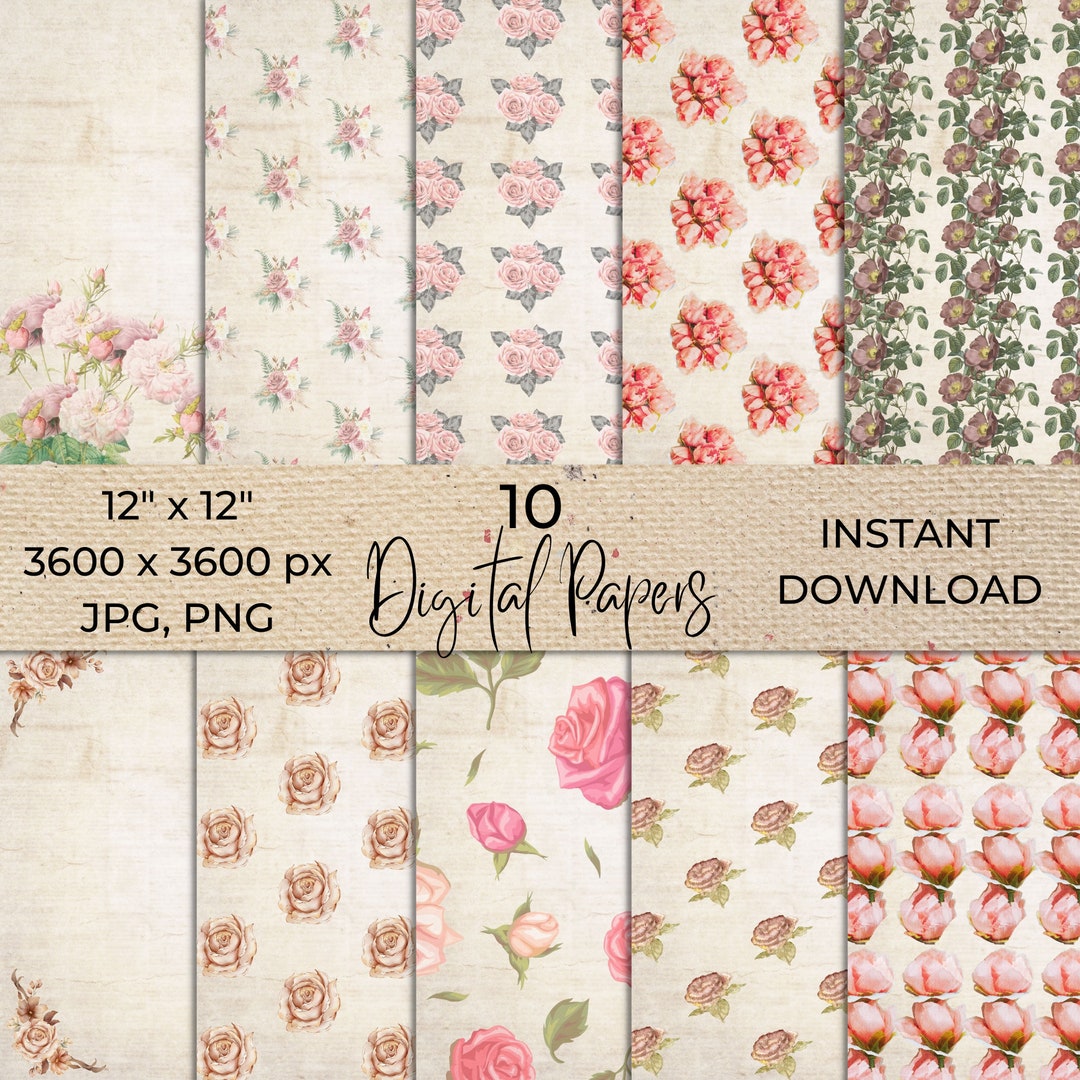 Vintage Roses Digital Paper Pack, Roses Scrapbook, Pink Vintage Roses ...