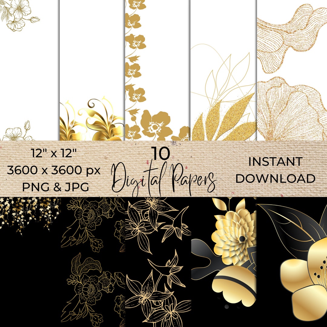 Gold Floral Digital Paper, Gold Flower Background PNG and JPG ...