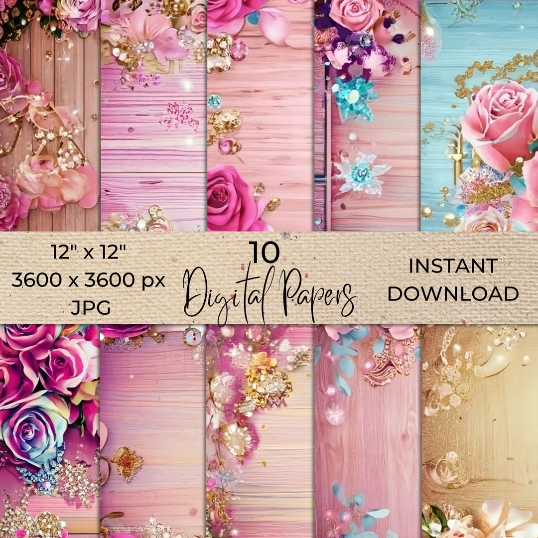 Pink Rose and Gold Floral Digital Papers, Roses Frame Digital Paper ...