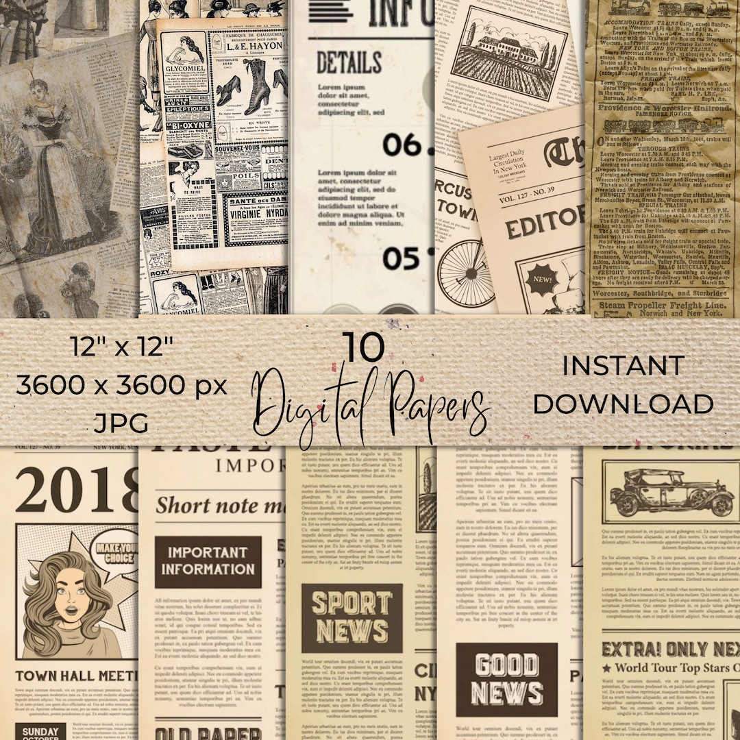 Old Newspapers Digital Paper, Old Paper Textures, 10 Designs 12in X ...
