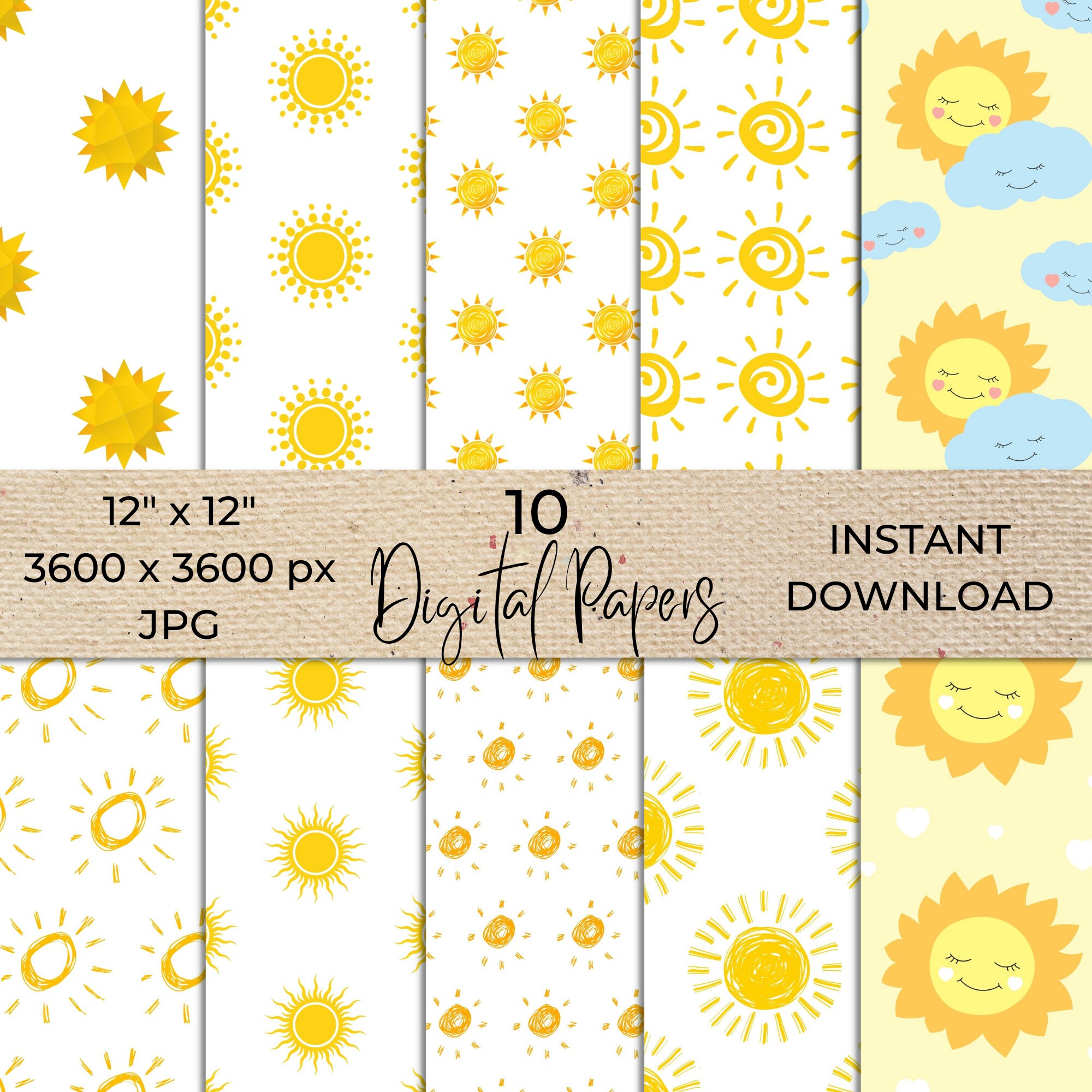 Sun Digital Paper Pack - 10 Jpegs - Instant Download - 12x12 Inches Sun Patterns Backgrounds ...