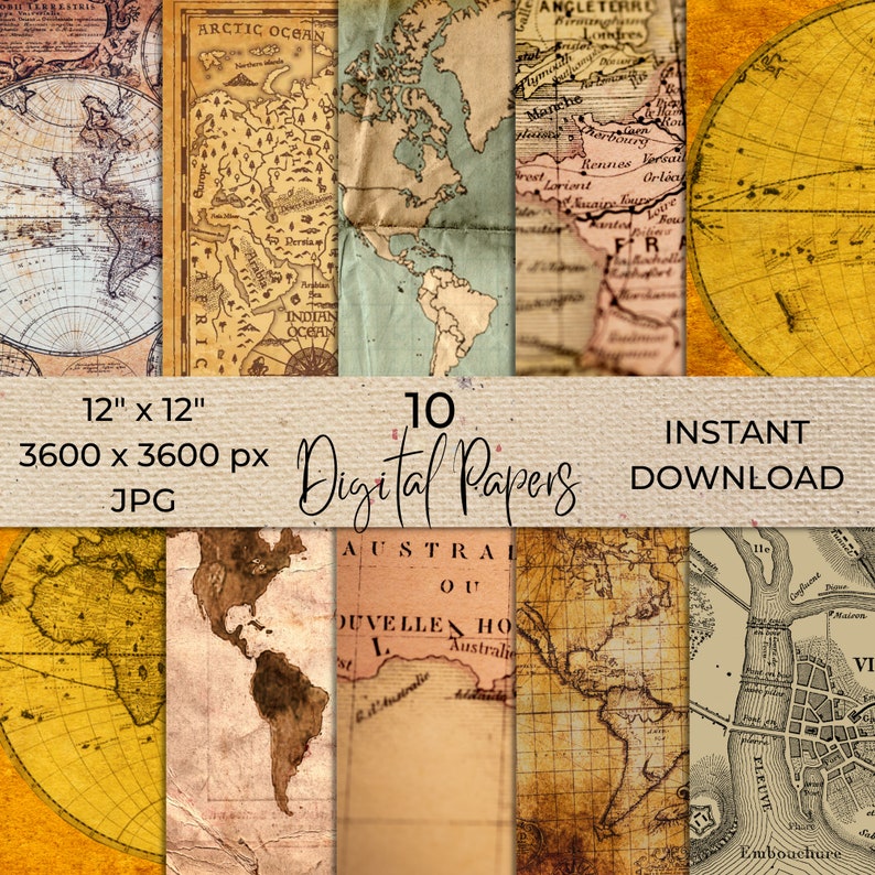 Old Vintage Map Digital Paper, Digital Paper Pack 10 Designs 12in X ...