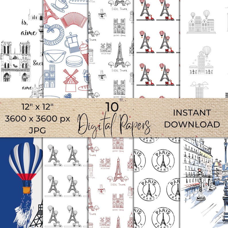 Paris Digital Paper Pack, Printable Scrapbook Paper Set Of - Etsy