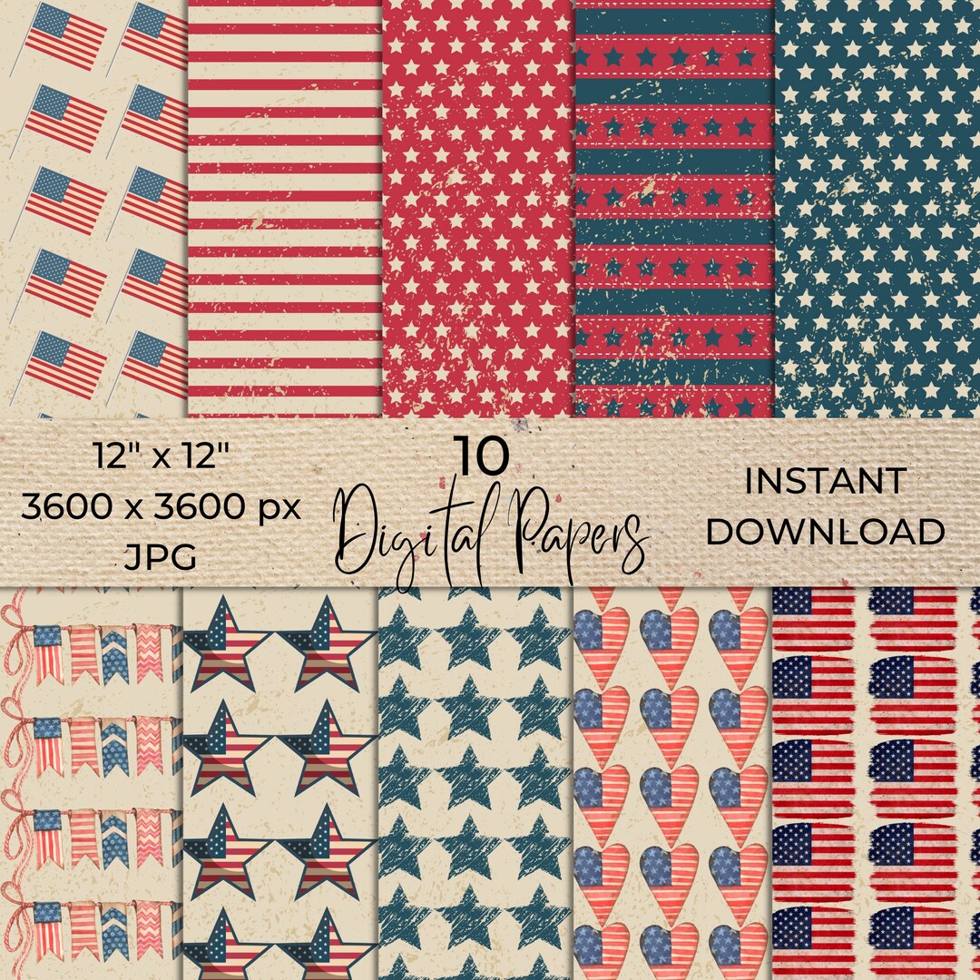 American Digital Paper Pack, Vintage American Red & White Blue ...