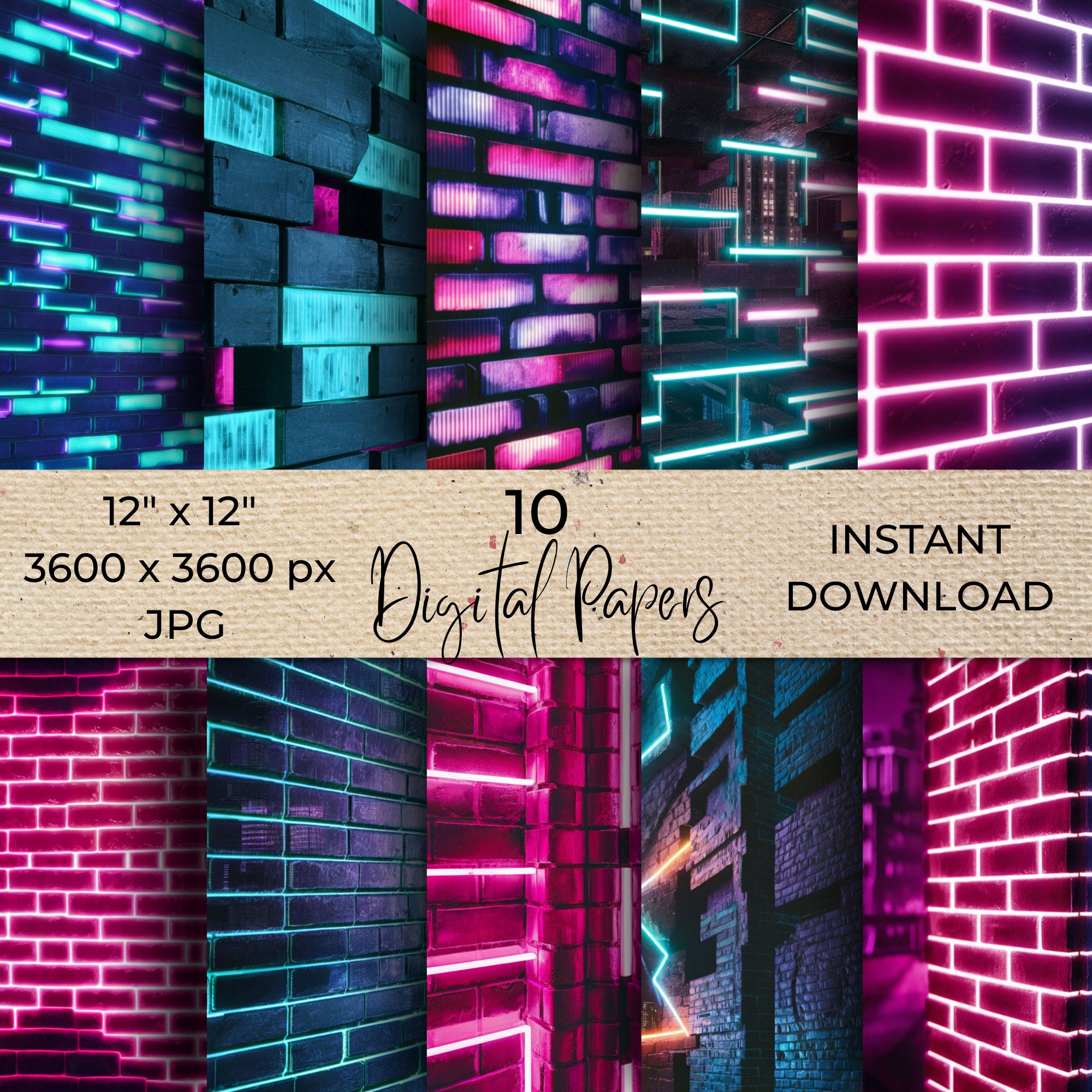 Neon Brick Wall Texture Digital Scrapbook Paper, Digital Backdrops ...
