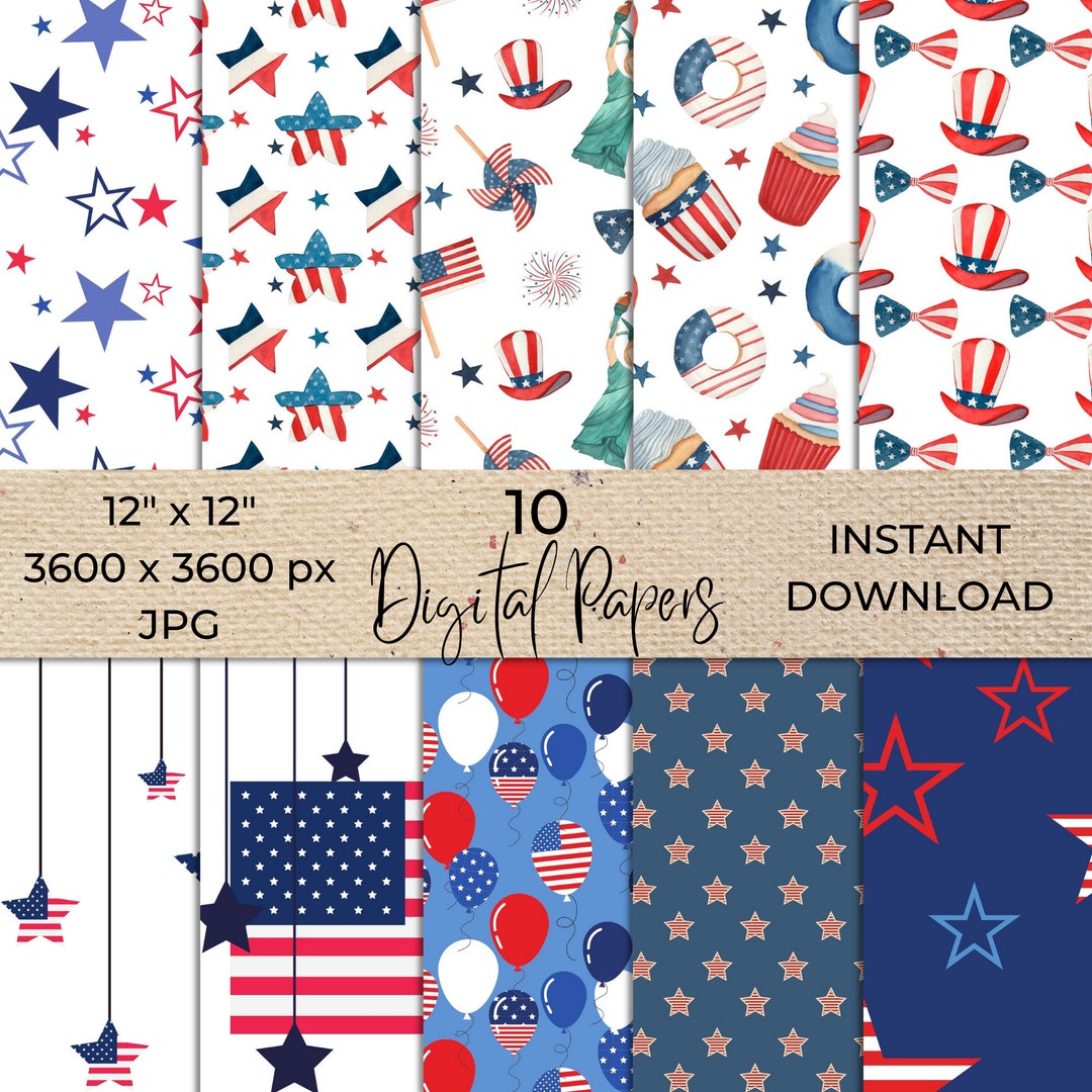 American Digital Paper Pack, 4th of July Independence Day Patterns, USA ...
