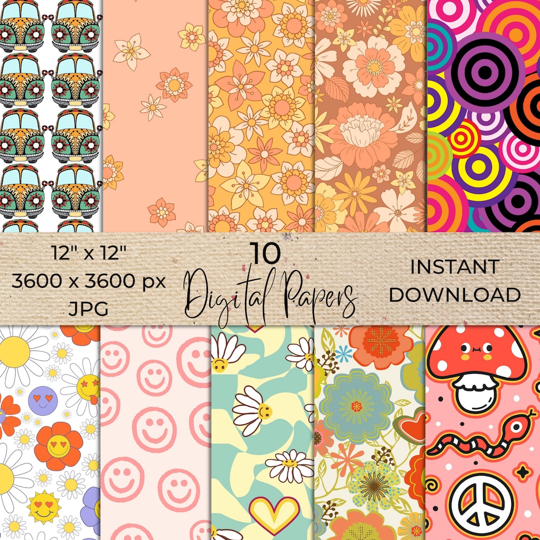 Hippie Trippy Retro Digital Paper Pack, Floral Pattern Summer Digital ...