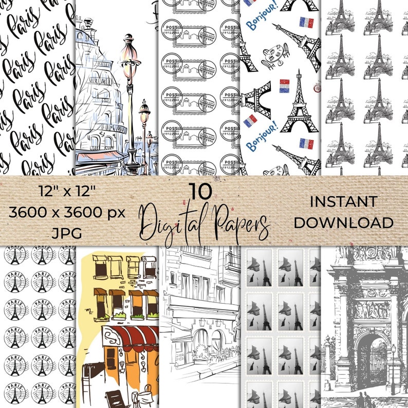 Printable Paris Digital Paper Pack Scrapbook Paper Set of 10 Sheets - Etsy