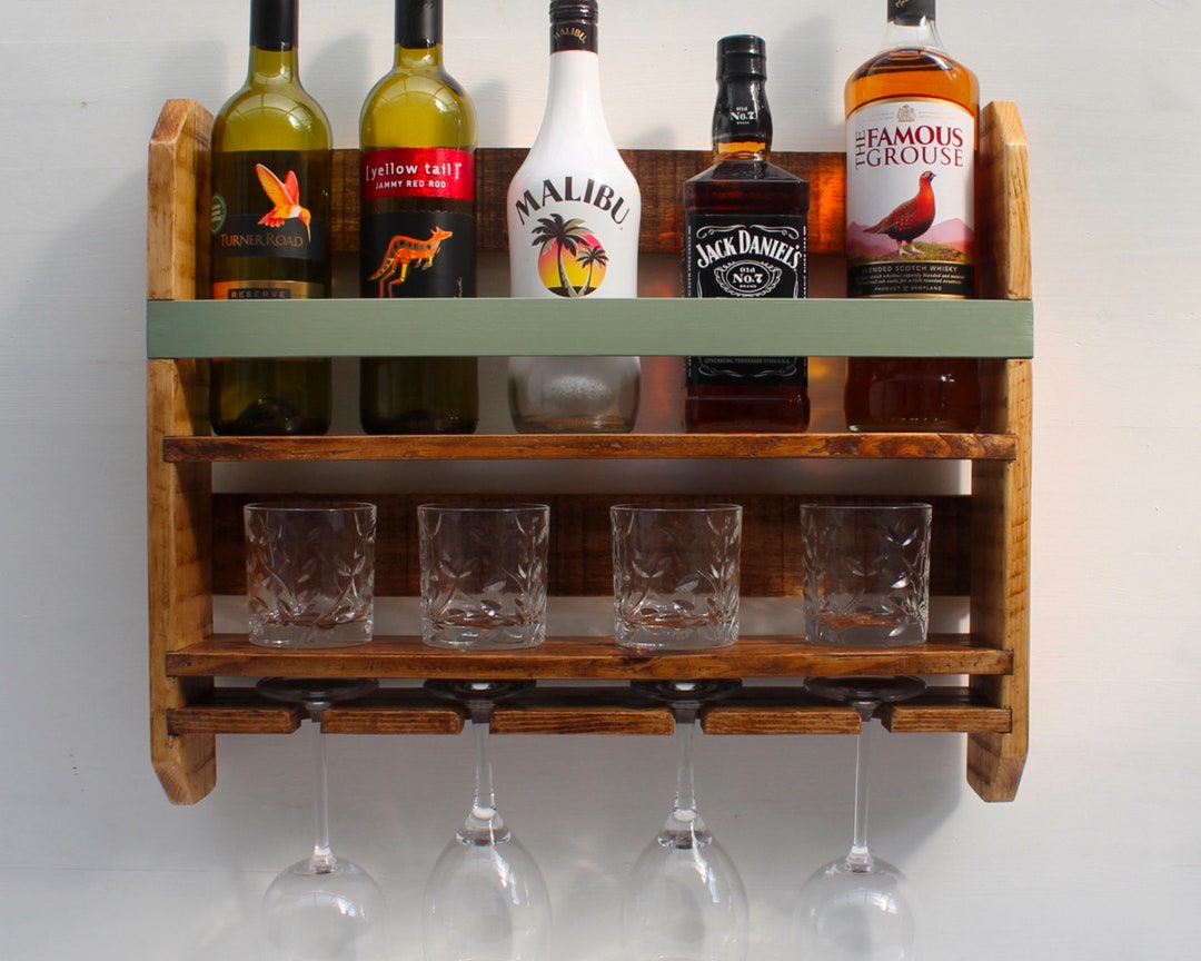 Wall Mounted Rustic Wine, Whiskey Mini Bar Rack - Etsy