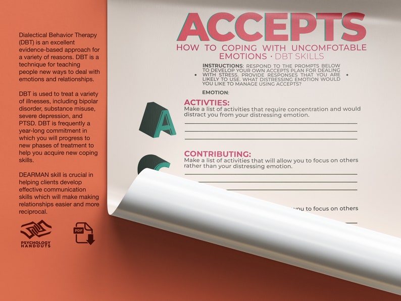 ACCEPTS Handout and Worksheet DBT Distress Tolerance Skills - Etsy