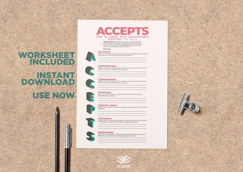 ACCEPTS Handout and Worksheet DBT Distress Tolerance Skills Printables ...