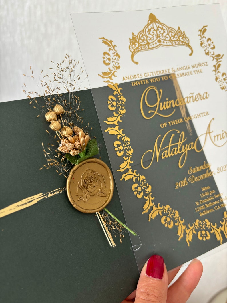 Custom Acrylic Quinceañera Invitation: Emerald Green, Gold Crown - Etsy