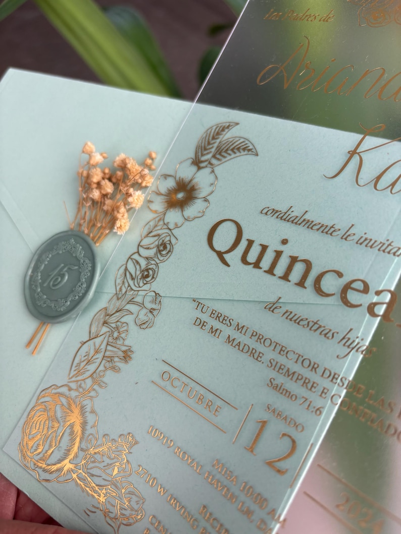 Elegant Acrylic Quinceañera Invitation: Rose & Butterfly, Sage Green ...