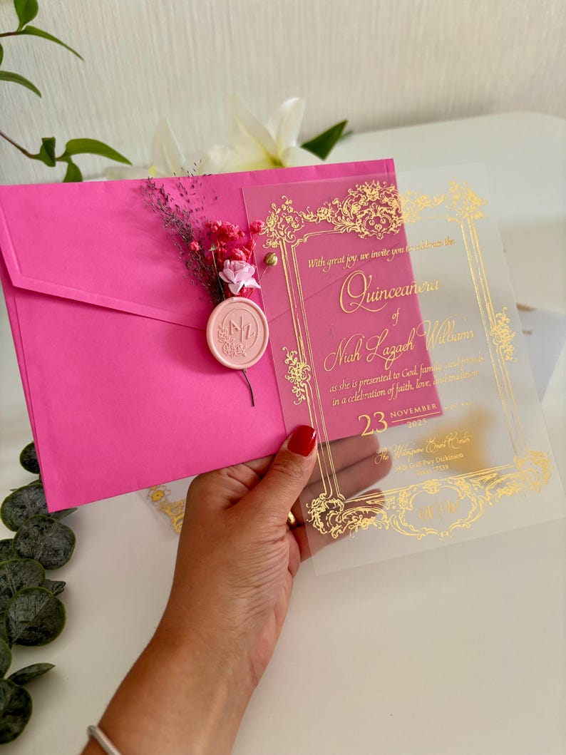 Custom Acrylic Quinceañera Invitation: Fuchsia Envelope, Gold Foil ...
