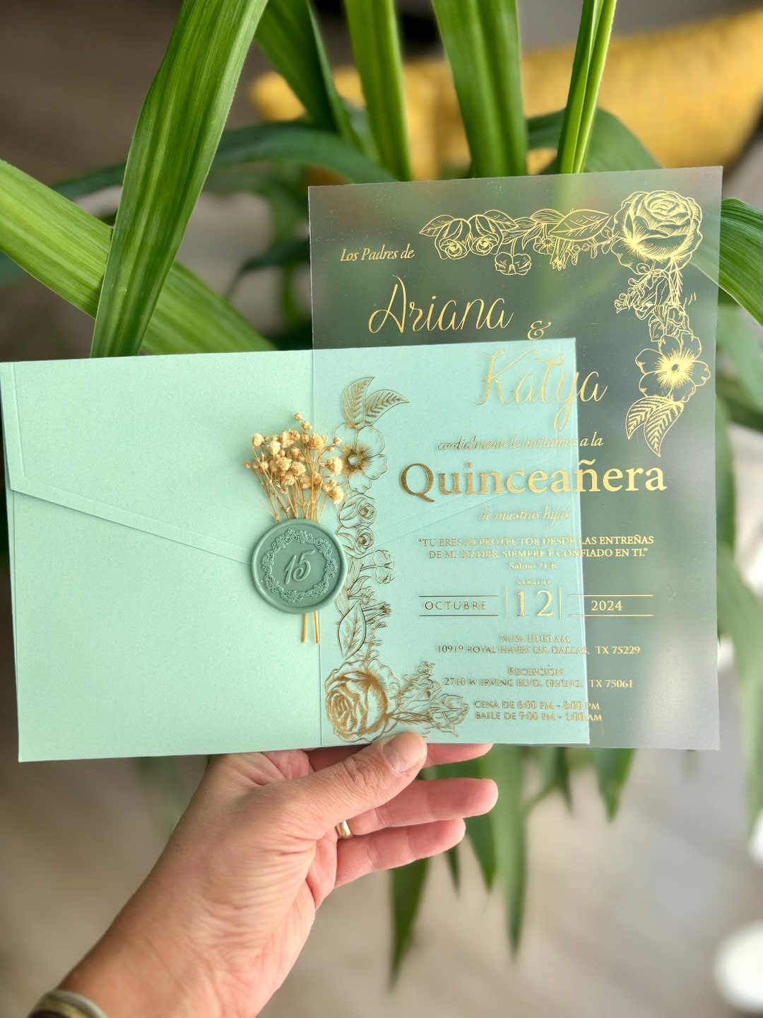 Elegant Acrylic Quinceañera Invitation: Rose & Butterfly, Sage Green ...