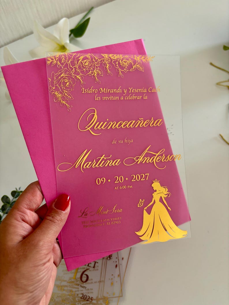 Custom Acrylic Quinceañera Invitation: Fuchsia Envelope, Gold Foil ...