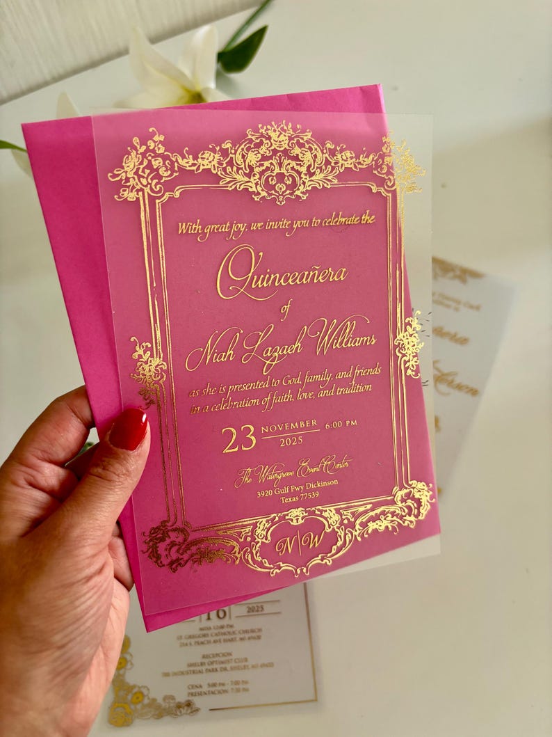 Custom Acrylic Quinceañera Invitation: Fuchsia Envelope, Gold Foil ...