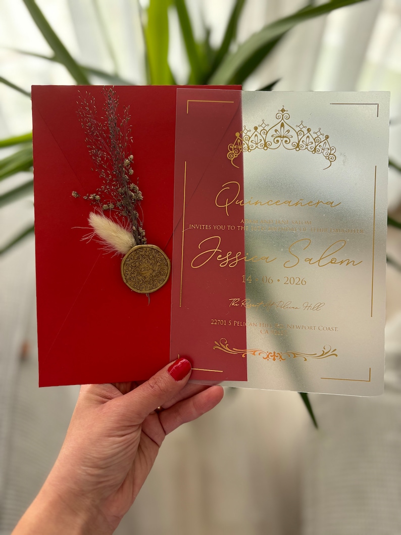 Custom Acrylic Quinceañera Invitation: Gilding Print, Red Envelope - Etsy
