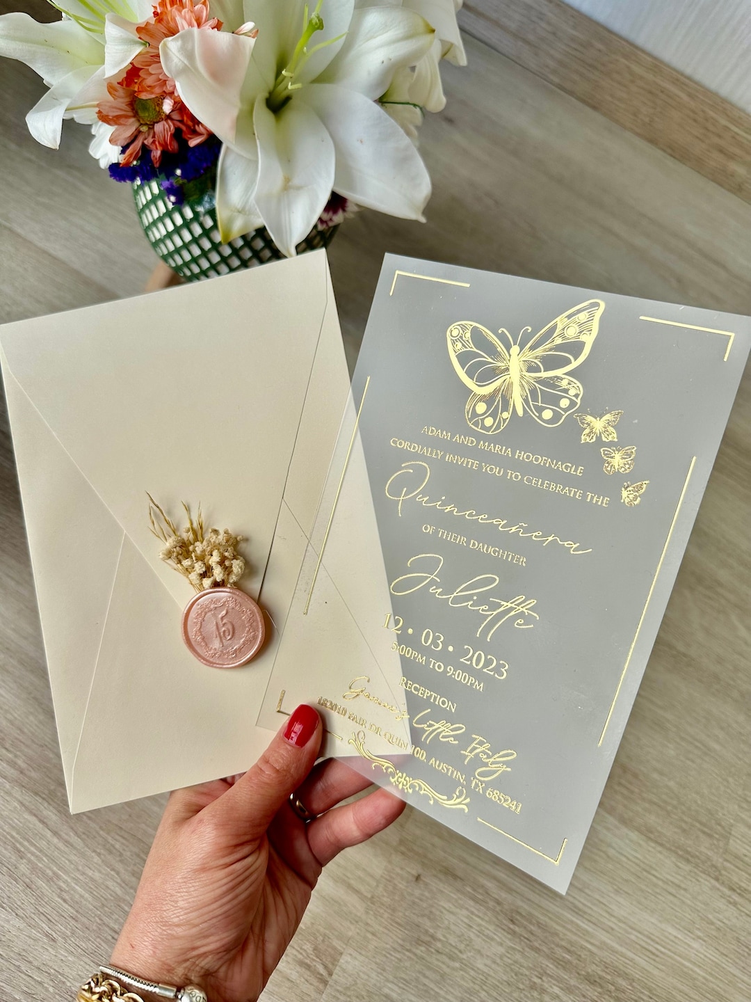 Gold Butterfly Quinceañera Invitation: Acrylic Sweet 15 Invite, Sweet ...