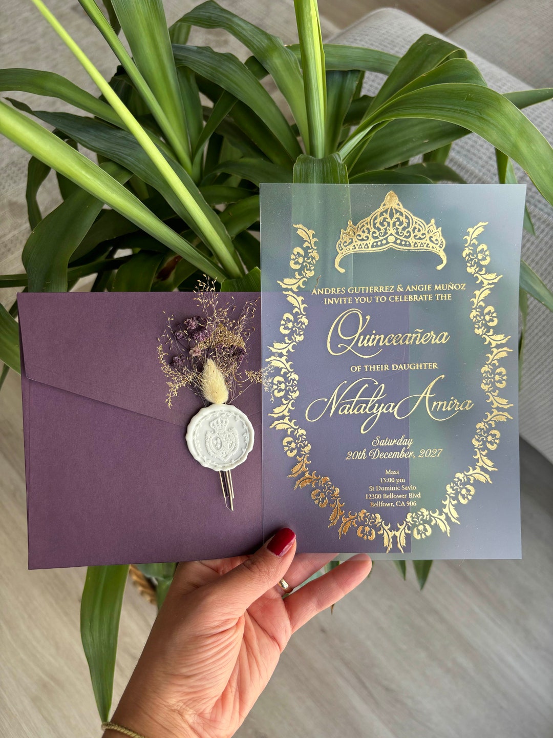 Personalized Acrylic Quinceañera Invitation: Elegant Gold Crown, Purple ...
