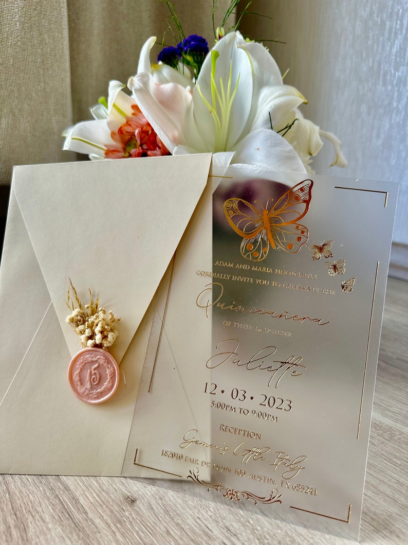 Gold Butterfly Quinceañera Invitation: Acrylic Sweet 15 Invite, Sweet ...