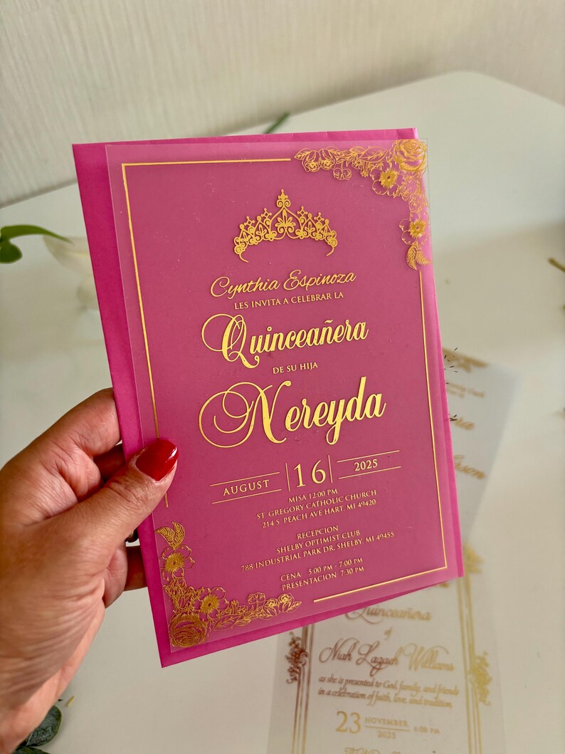 Custom Acrylic Quinceañera Invitation: Fuchsia Envelope, Gold Foil ...
