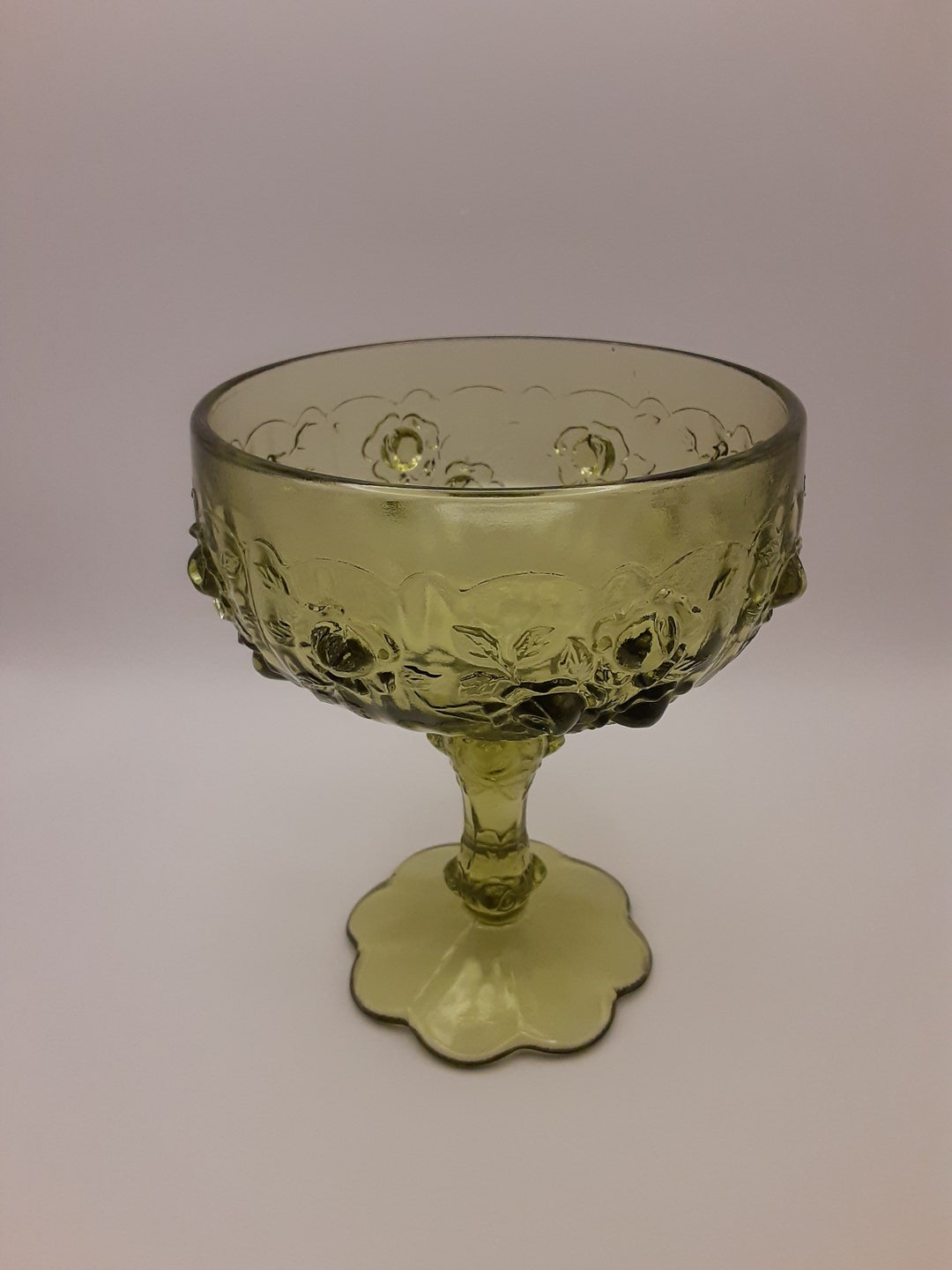 Fenton Cabbage Rose Olive Green Glass Compote Comport Pedestal Candy ...