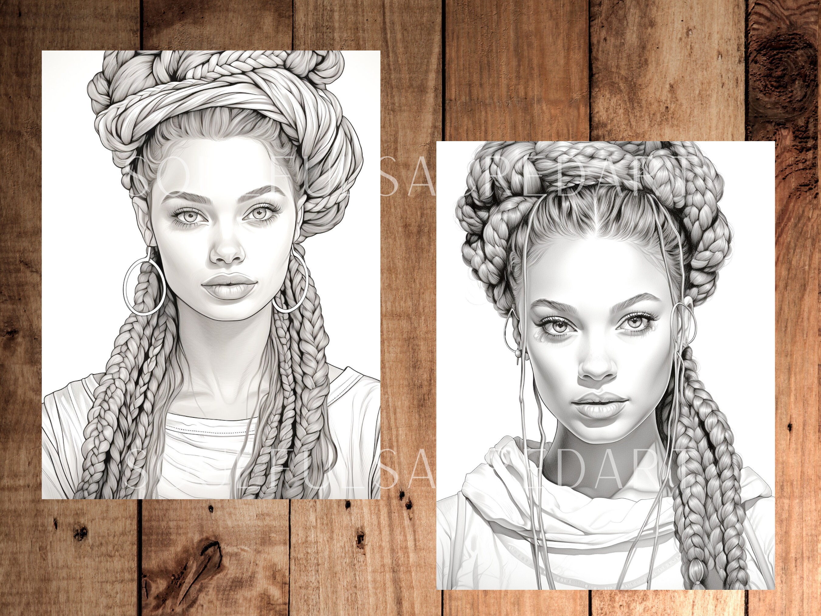 22 Braids Hairstyles Coloring Pages - Greyscale - Digital Download ...