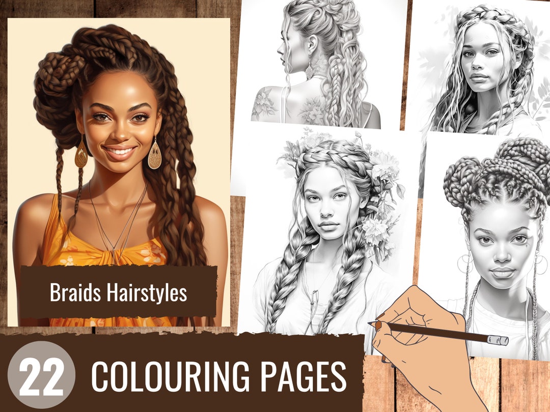 22 Braids Hairstyles Coloring Pages - Greyscale - Digital Download ...