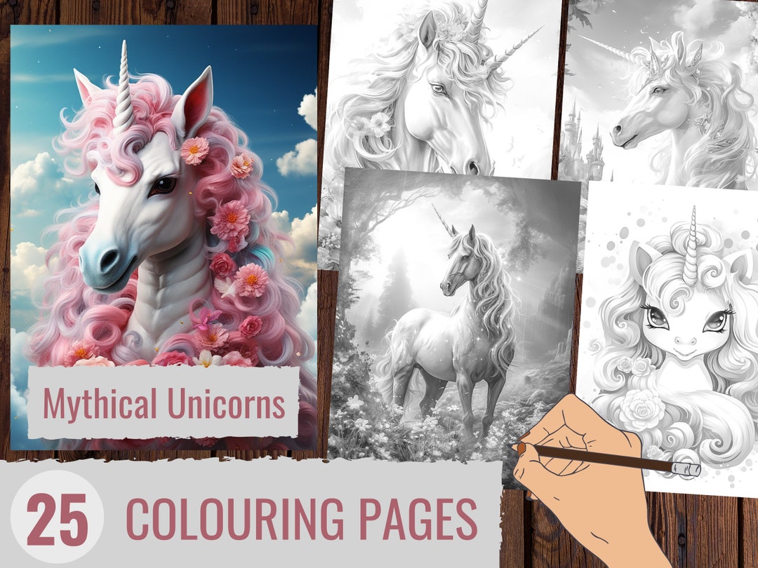 25 Mythical Unicorn Coloring Pages - Greyscale - Digital Download ...