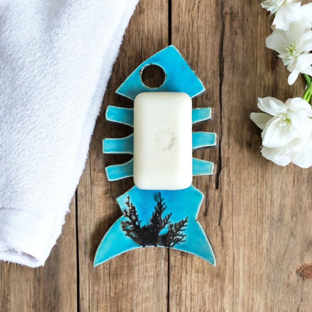 Ocean Blue Fish Bone Ceramic Soap Dish | Stylish Handmade Sponge Holder ...
