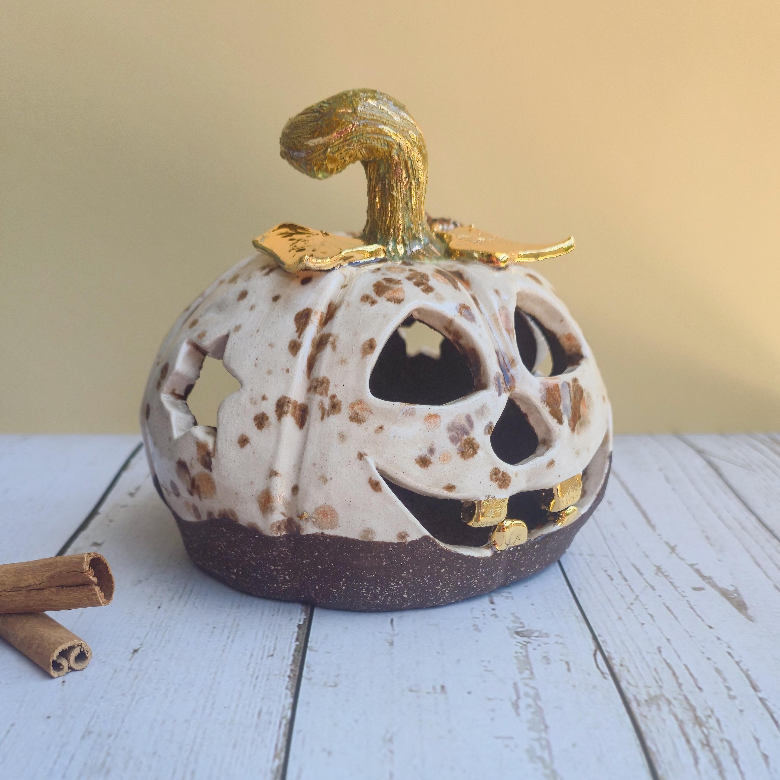 Jack-o’-lantern Pumpkin Candle Holder | Handmade Ceramic With Gold ...
