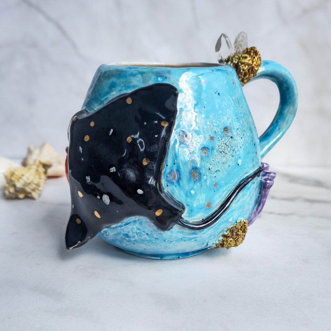 Gold Gilded Stingray Mug – Handmade Ceramic Ocean Cup With Crystal ...