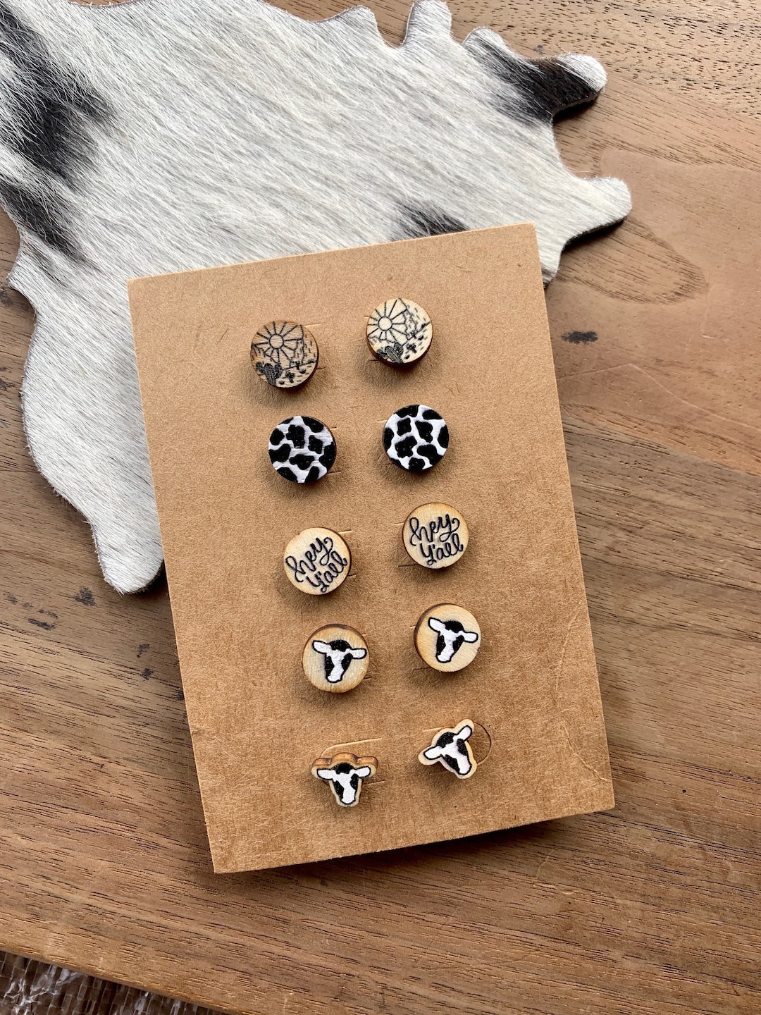 5 Pc Western Wood Stud Earrings Set , Cow Print Jewelry - Etsy