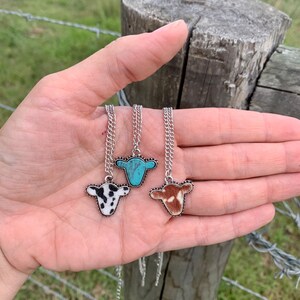 Small Western Cow Head Charm Necklace , Cowhide and Faux Turquoise ...