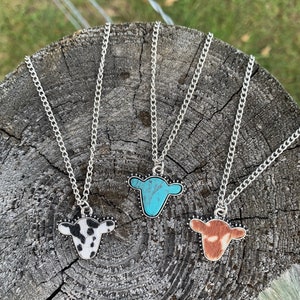 Small Western Cow Head Charm Necklace , Cowhide and Faux Turquoise ...