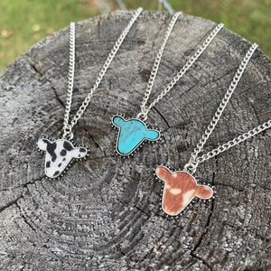 Small Western Cow Head Charm Necklace , Cowhide and Faux Turquoise ...