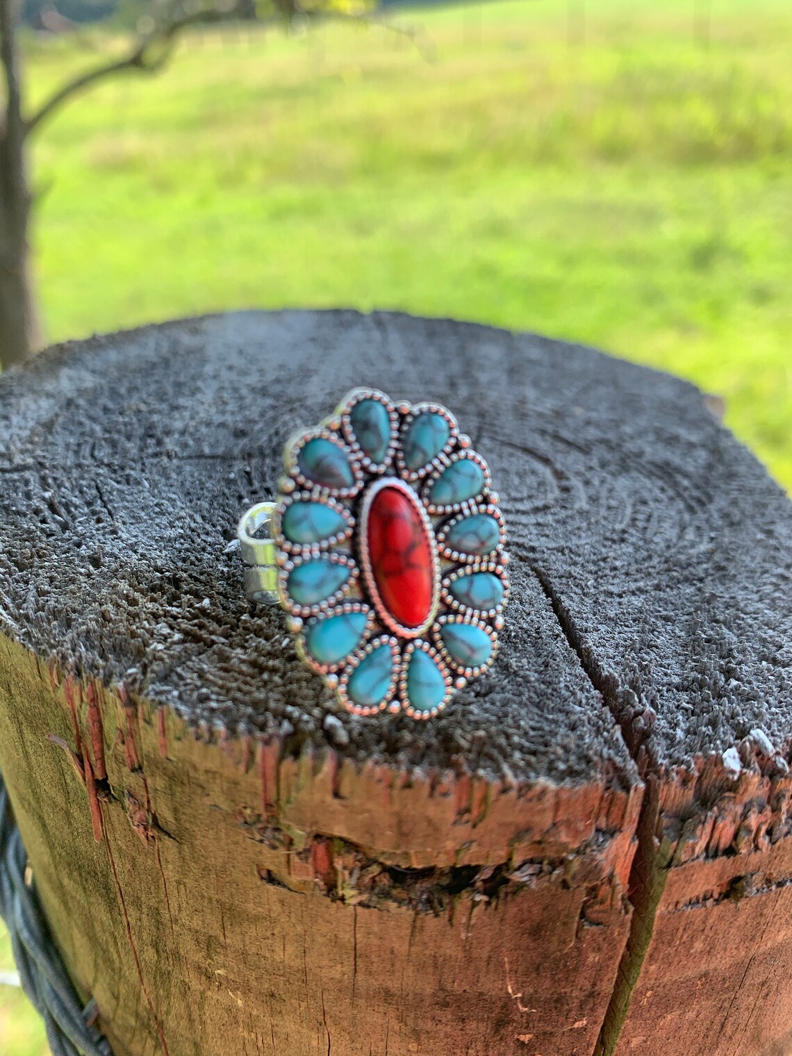 Western Cluster Faux Turquoise and Red Stone Cuff Ring - Etsy