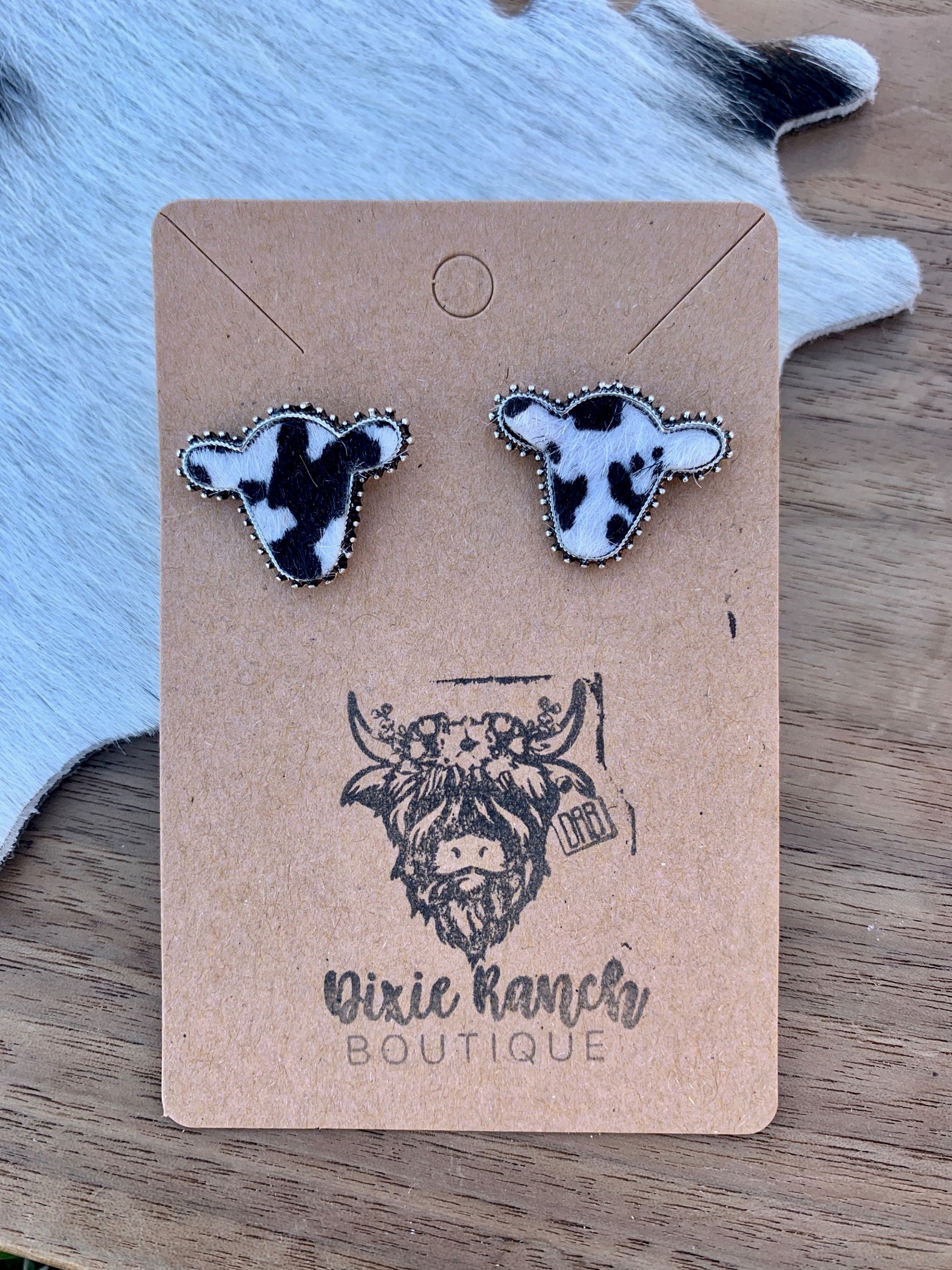 Cow Head Stud Earrings , Faux Cowhide and Turquoise Tooled Leather ...