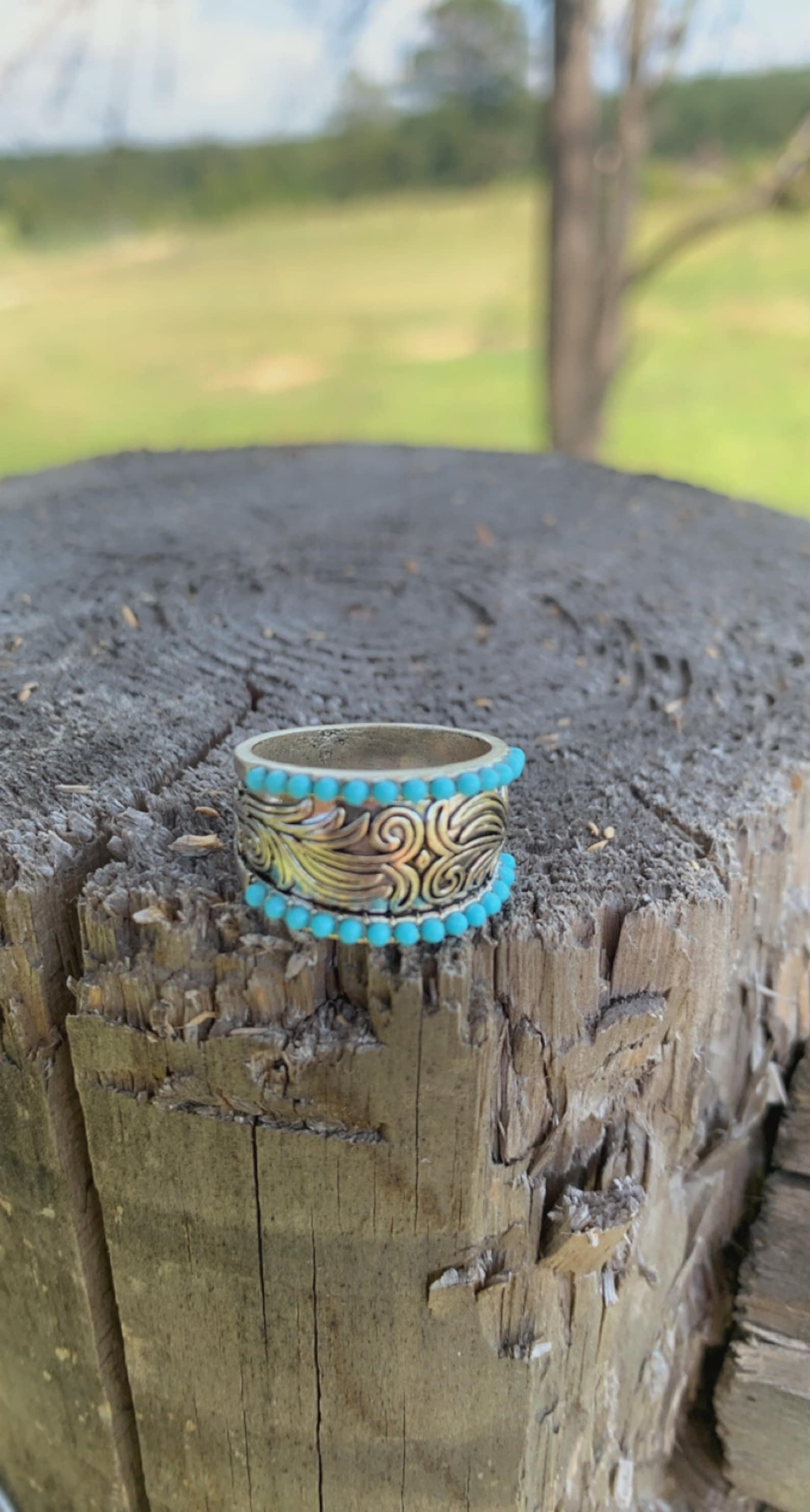 Tooled Western Ring With Turquoise Beads Cowgirl Jewelry - Etsy