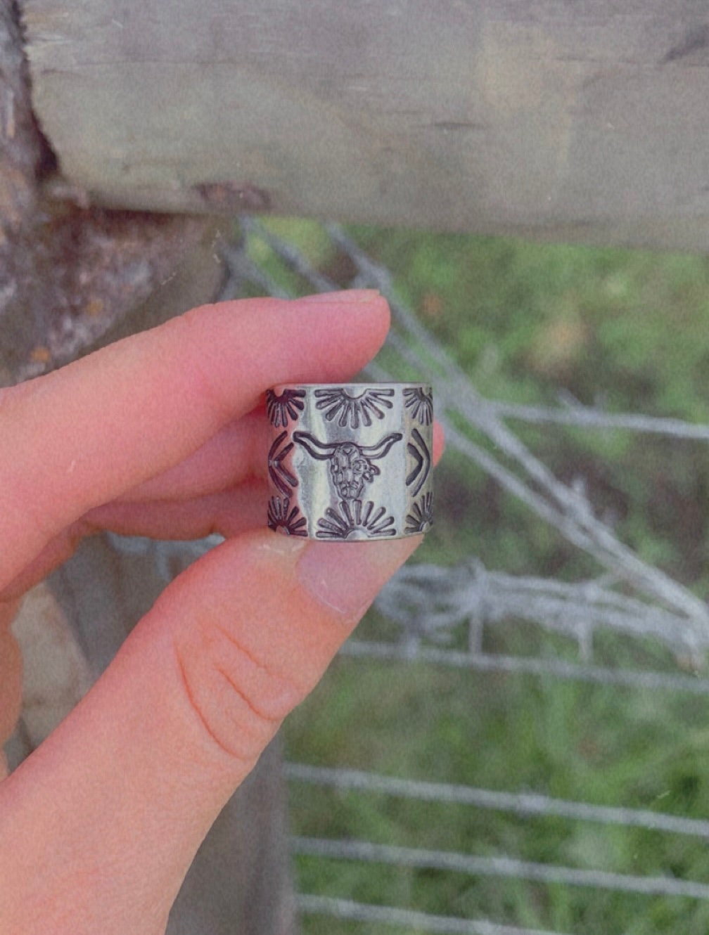 Western Cylinder Stackable Stamped Bull Skull Horns Statement Ring - Etsy