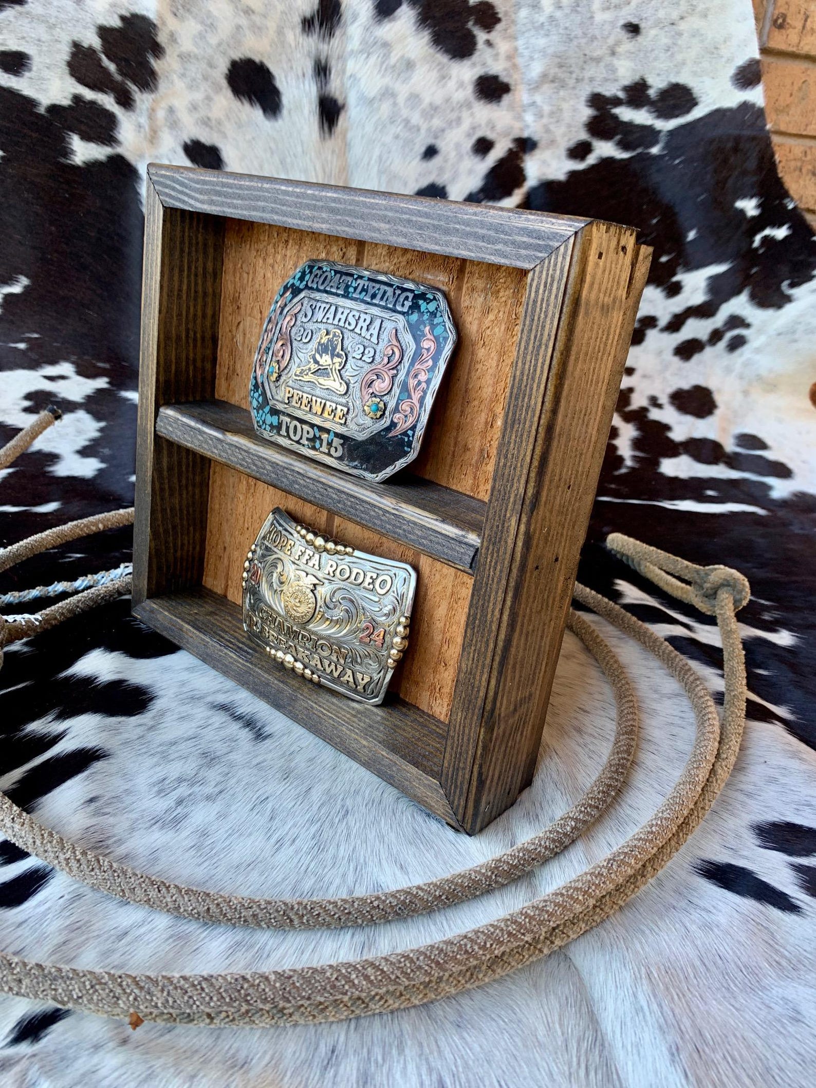 Solid Wood Western Two Belt Buckle Award Display Shelf Custom Hand ...