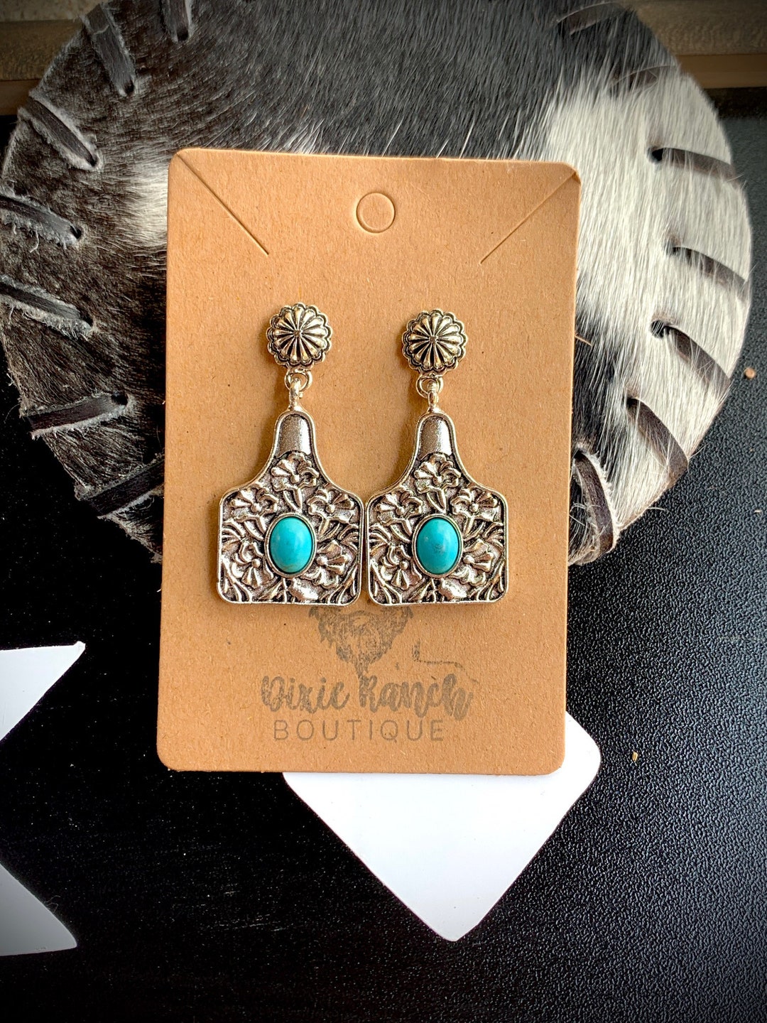 Western Tooled Faux Turquoise Stone Cow Ear Tag Dangle Earrings - Etsy