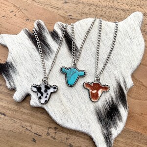Small Western Cow Head Charm Necklace , Cowhide and Faux Turquoise ...