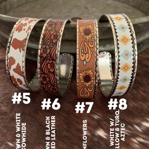 Western Cuff Bangle Bracelet , Cowhide , Sunflower , Aztec , Tooled ...